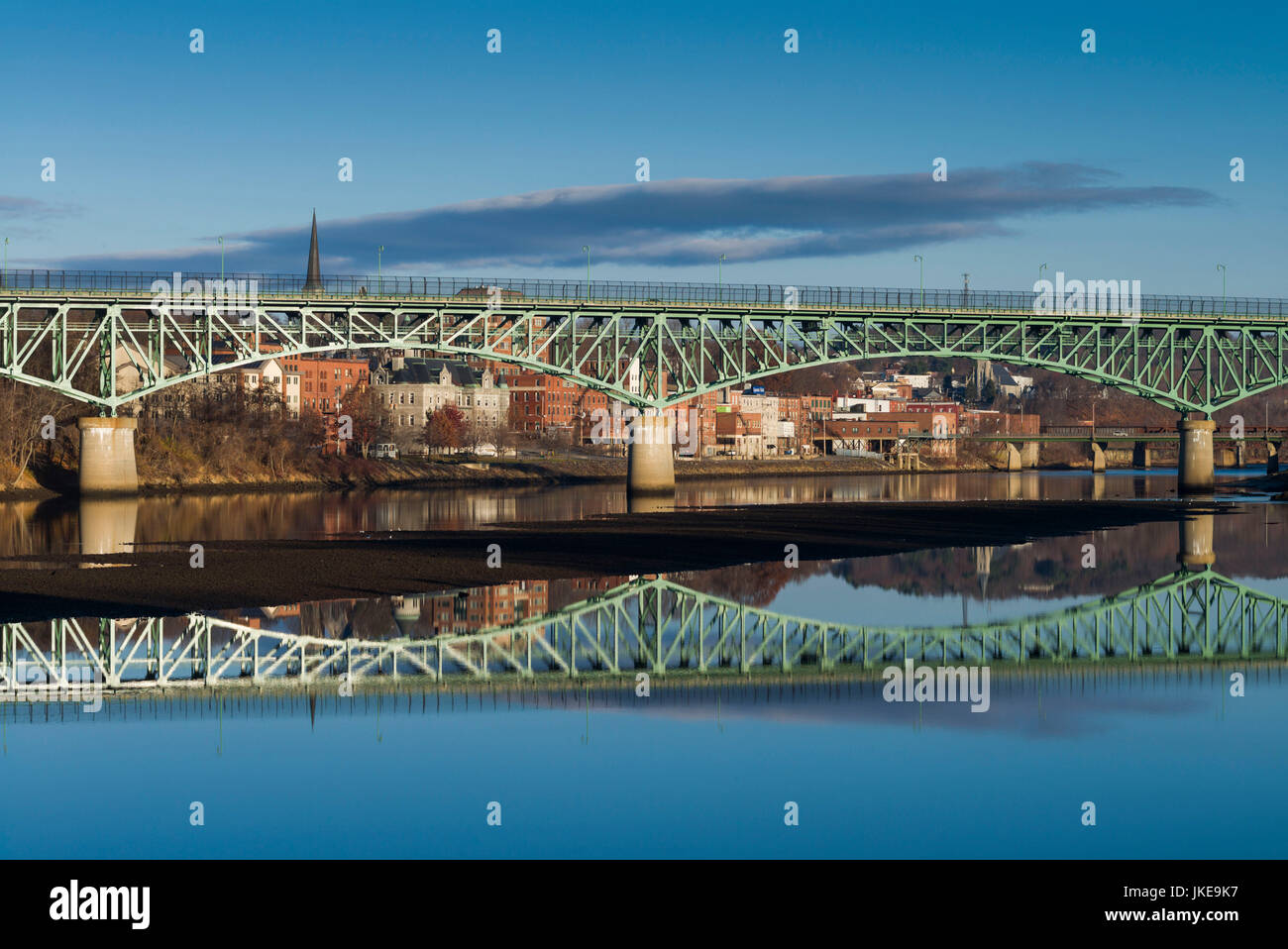 USA, Maine, Augusta, Western Avenue Bridge and Kennebec River, morning ...
