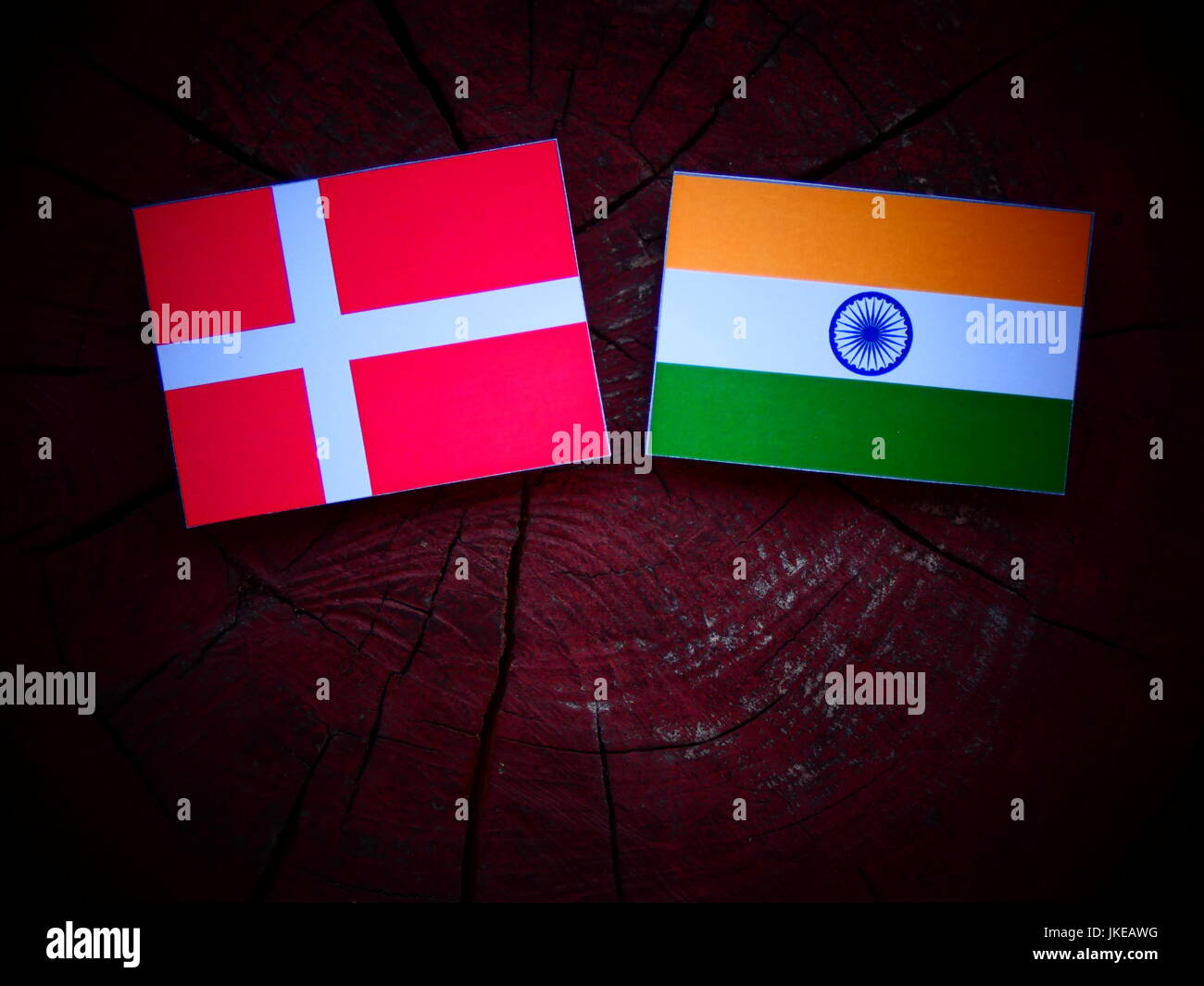 Danish flag with Indian flag on a tree stump isolated Stock Photo - Alamy