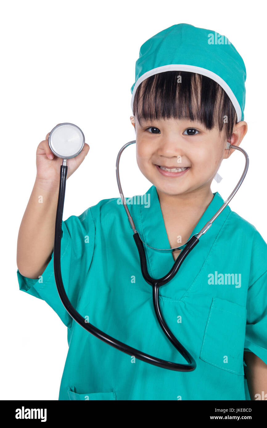 Asian Little Chinese Girl Playing Doctor with a stethoscope in isolated ...