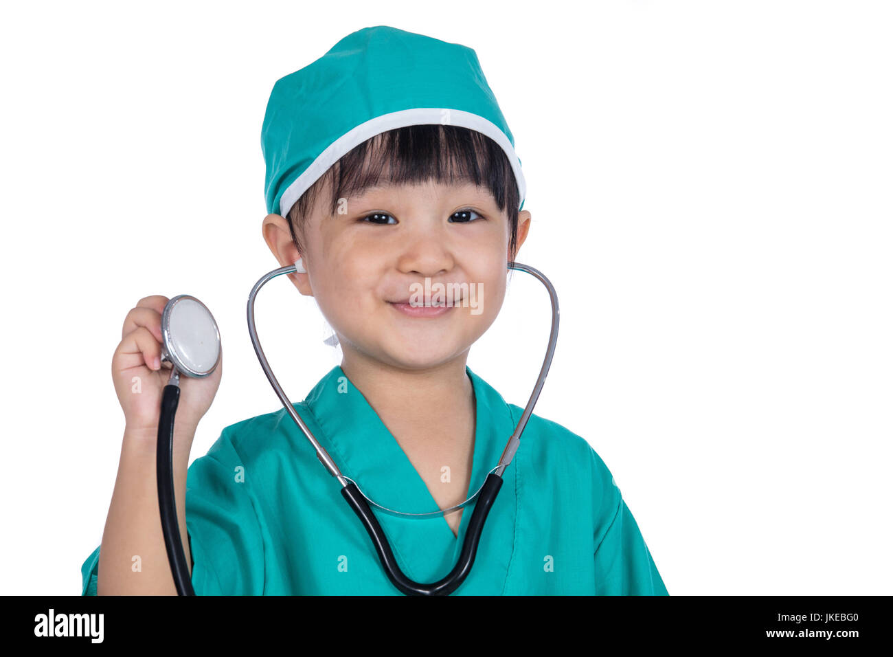 Asian Little Chinese Girl Playing Doctor with a stethoscope in isolated ...