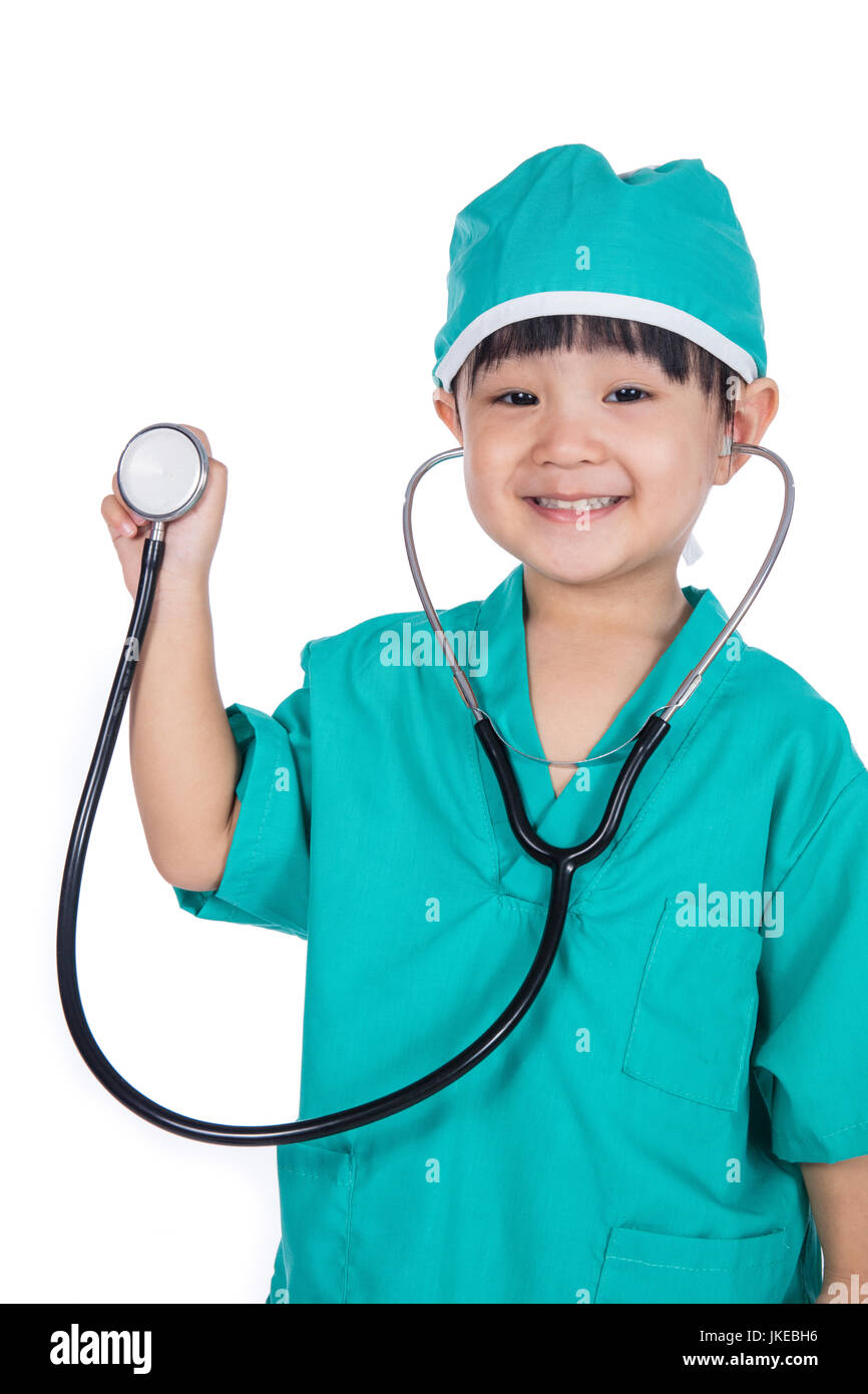 Asian Little Chinese Girl Playing Doctor with a stethoscope in isolated ...