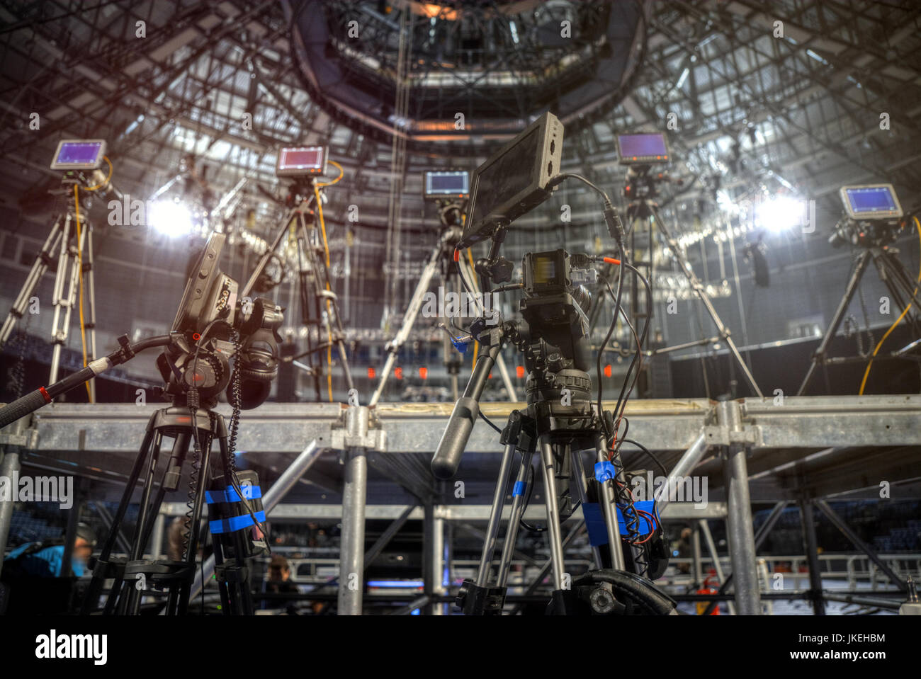 Technical preparation for the big concert indoors. Backstage Stock ...