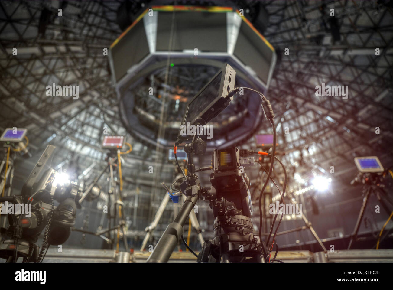 Technical preparation for the big concert indoors. Backstage Stock ...