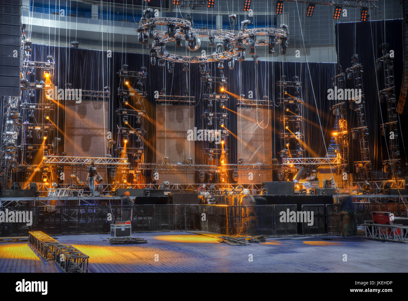 Technical preparation for the big concert indoors. Backstage Stock ...
