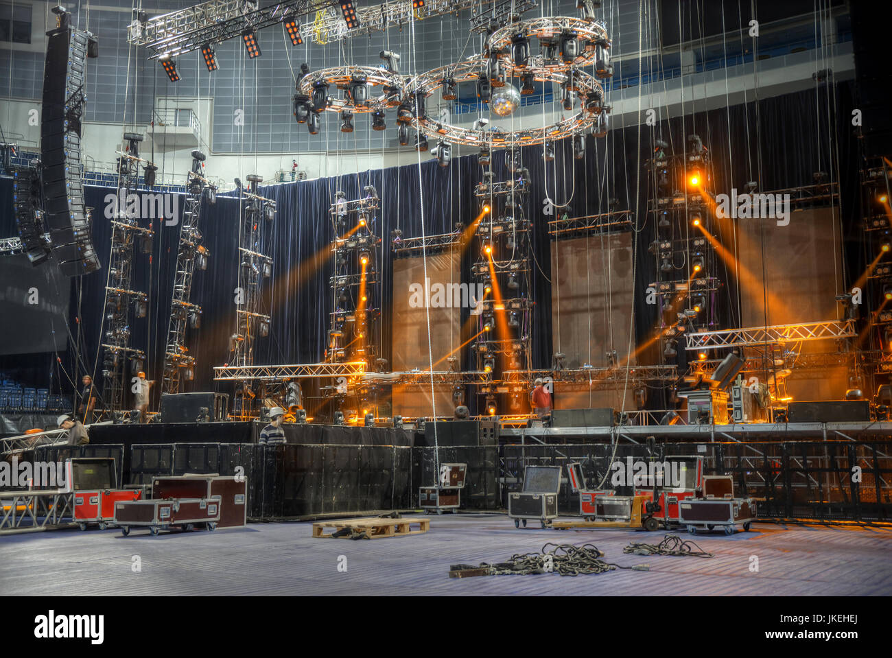 Technical preparation for the big concert indoors. Backstage Stock ...