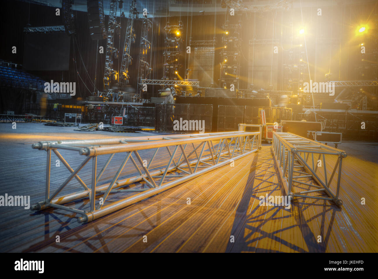 Technical preparation for the big concert indoors. Backstage Stock ...