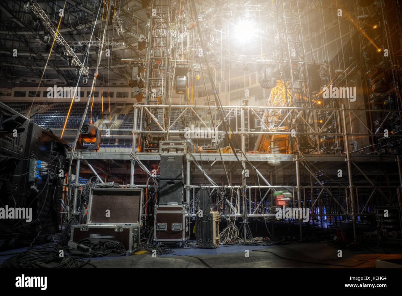 Technical preparation for the big concert indoors. Backstage Stock ...