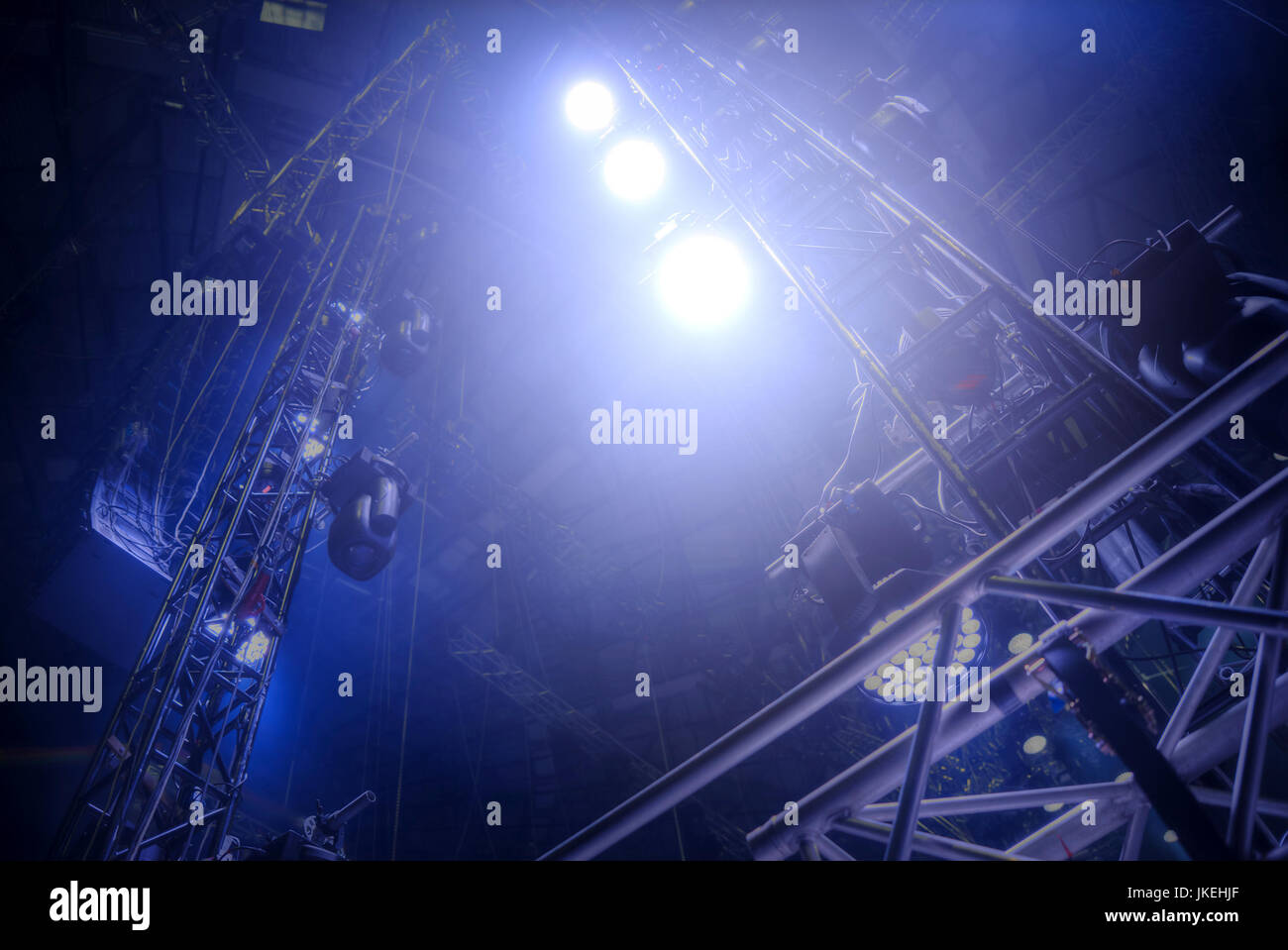 Technical preparation for the big concert indoors. Backstage Stock ...