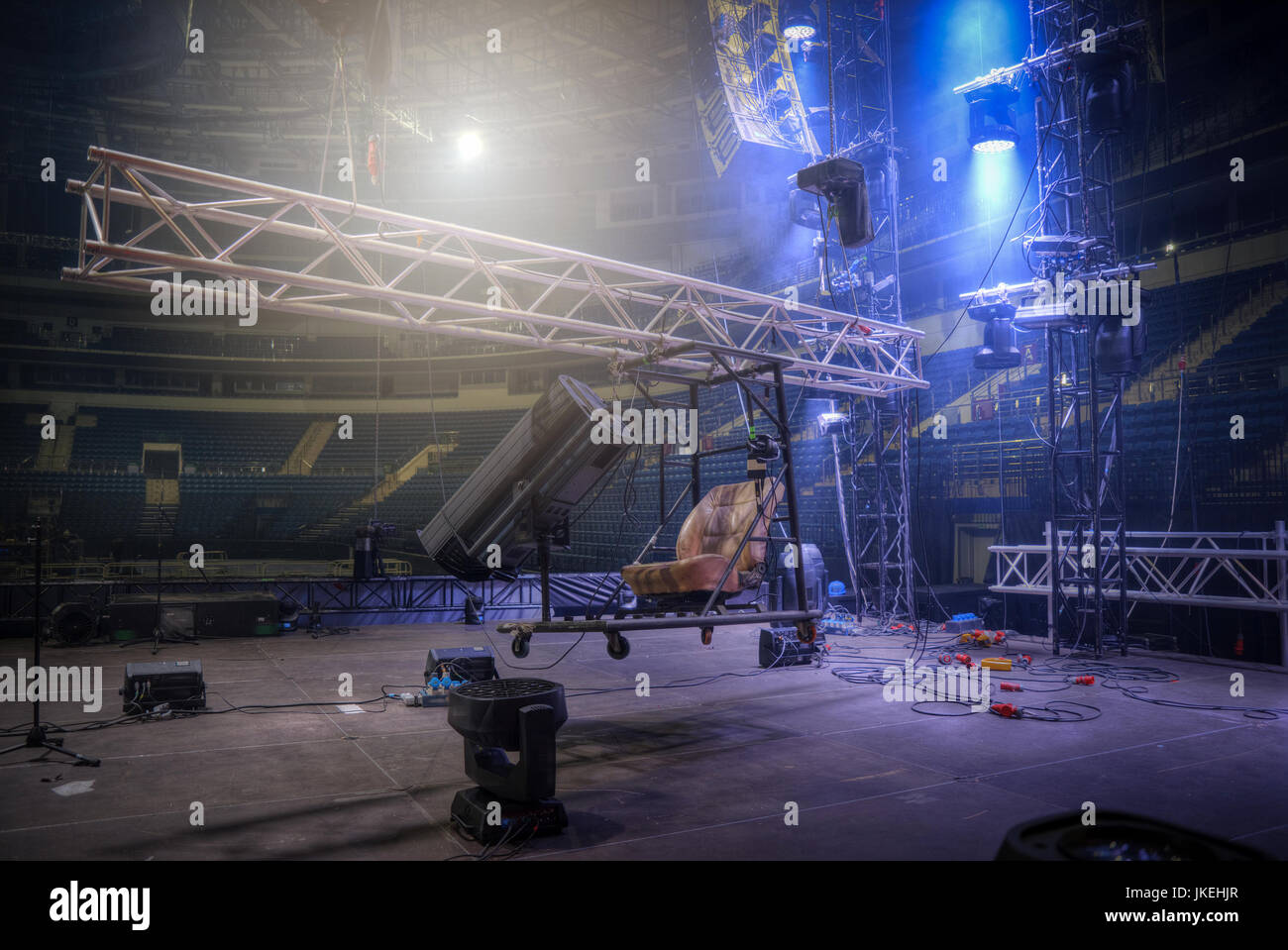 Technical preparation for the big concert indoors. Backstage Stock ...