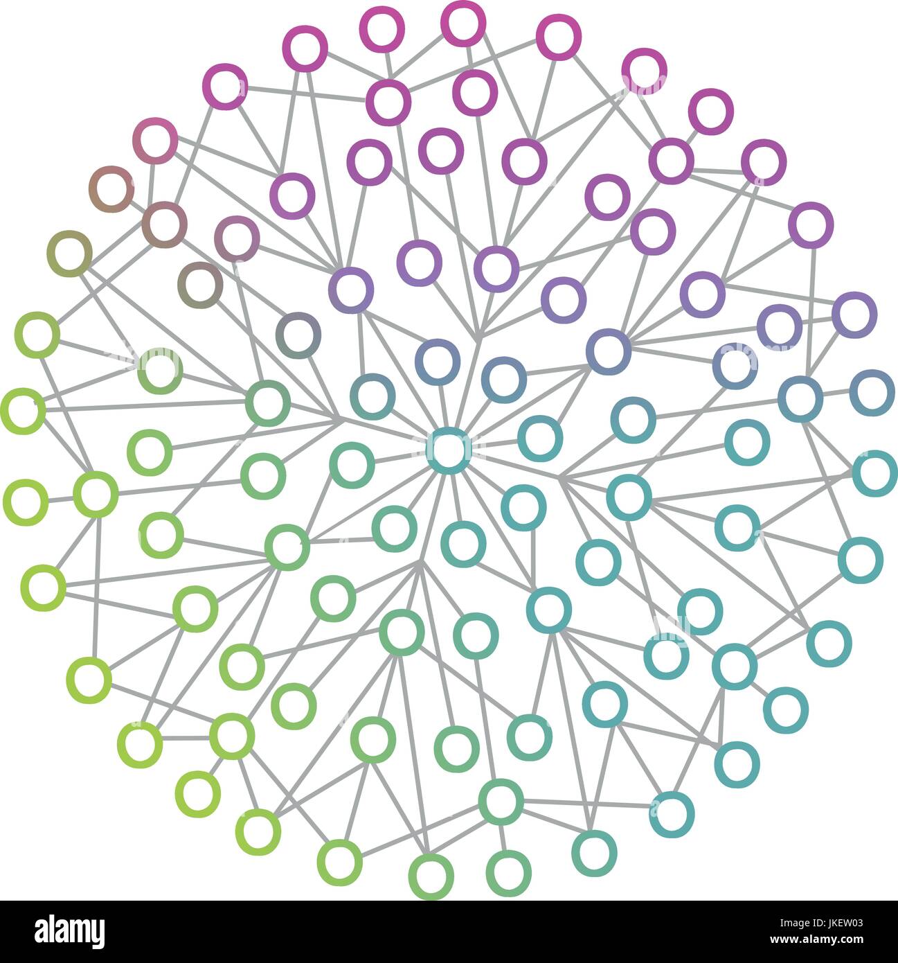Illustration of a network of colored dots linked by traits, social ...