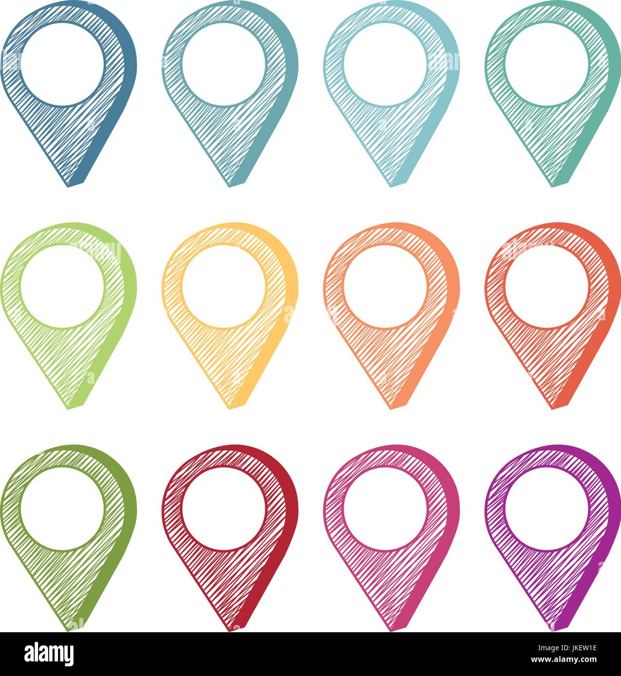Colored pins to give information of place or action on a website, on a ...