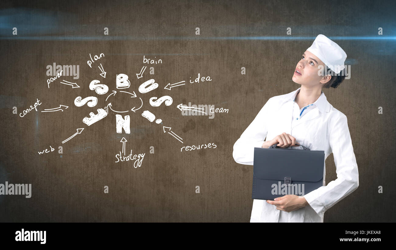 Beautiful medical woman doctor in uniform. Studio painted background ...