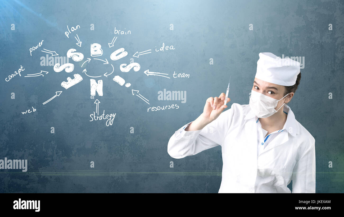 Beautiful medical woman doctor in uniform. Studio painted background ...