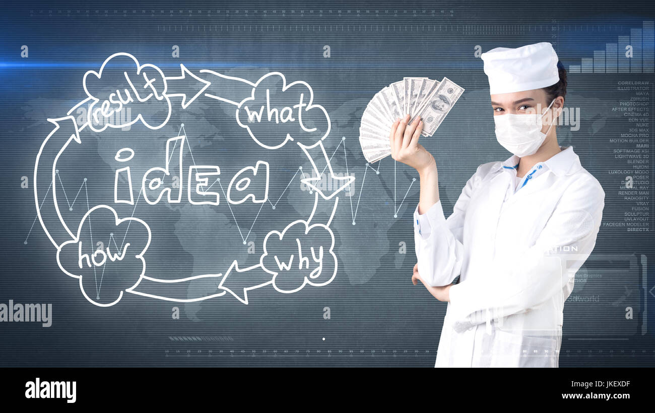 Beautiful medical woman doctor in uniform. Studio painted background ...