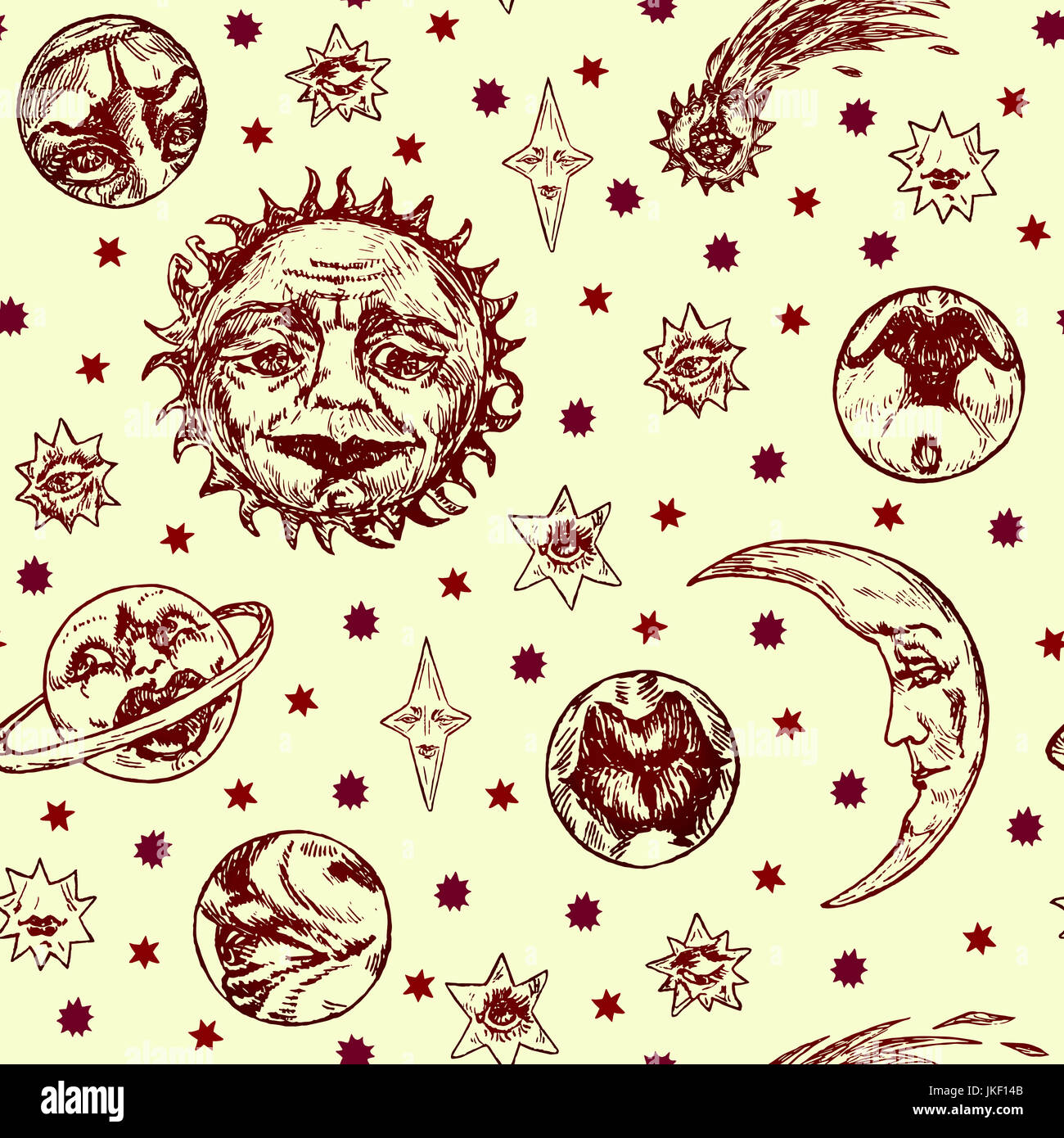 The sun with wrinkled face of a wise old man, young moon, planets ...