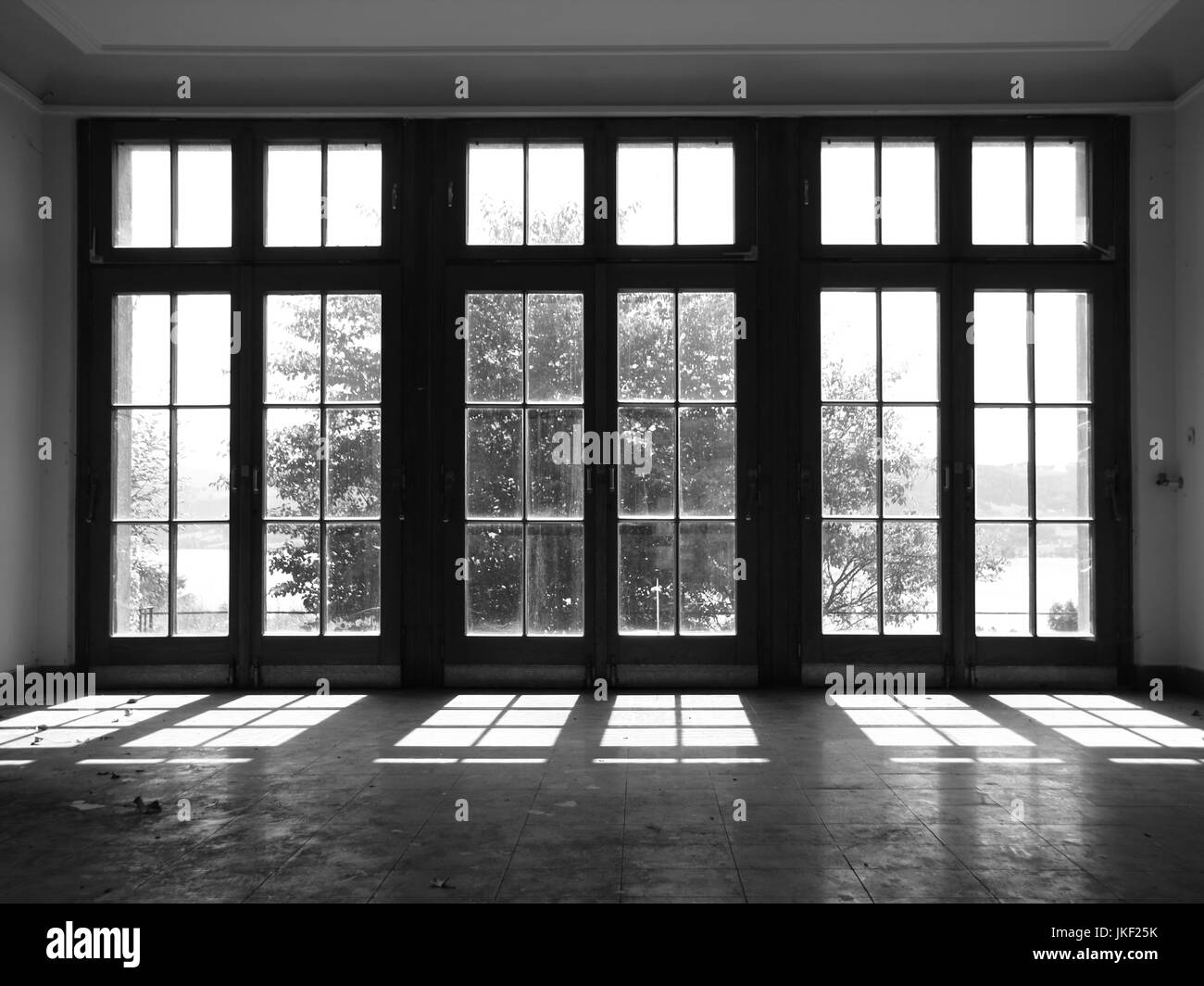 Window with Light Reflection on Tile Floor and Tree in Backlight Stock ...