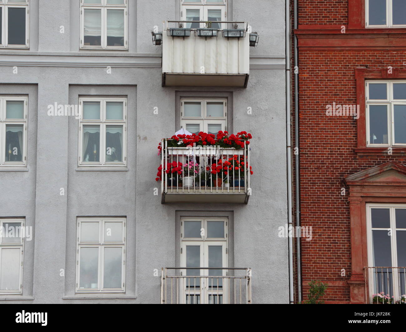 Red Flowers in Window Box at Balcony on Apartment Facade Stock Photo ...