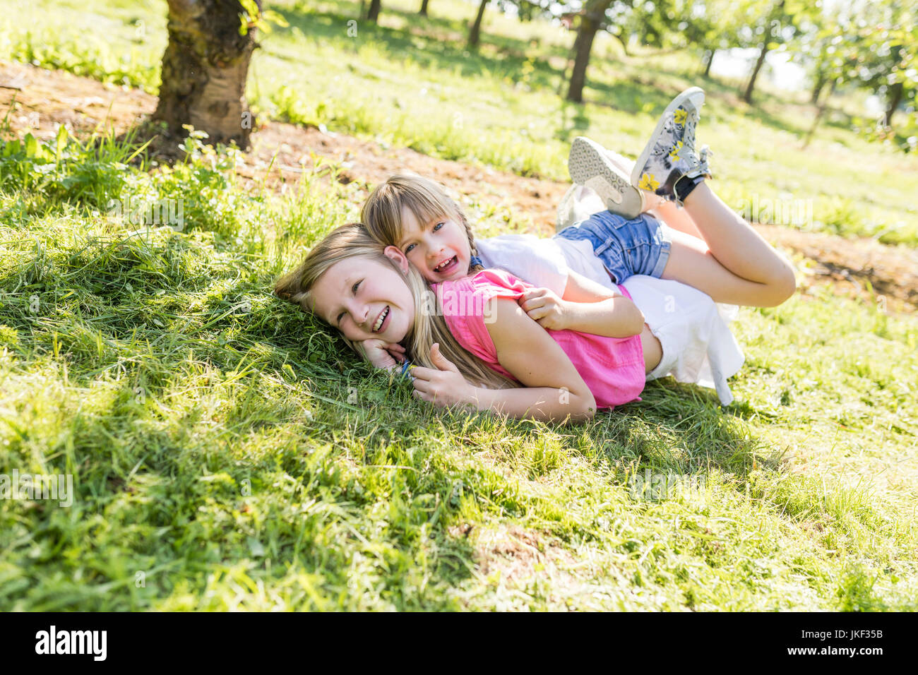 Two happy sisters playing in meadow Stock Photo - Alamy