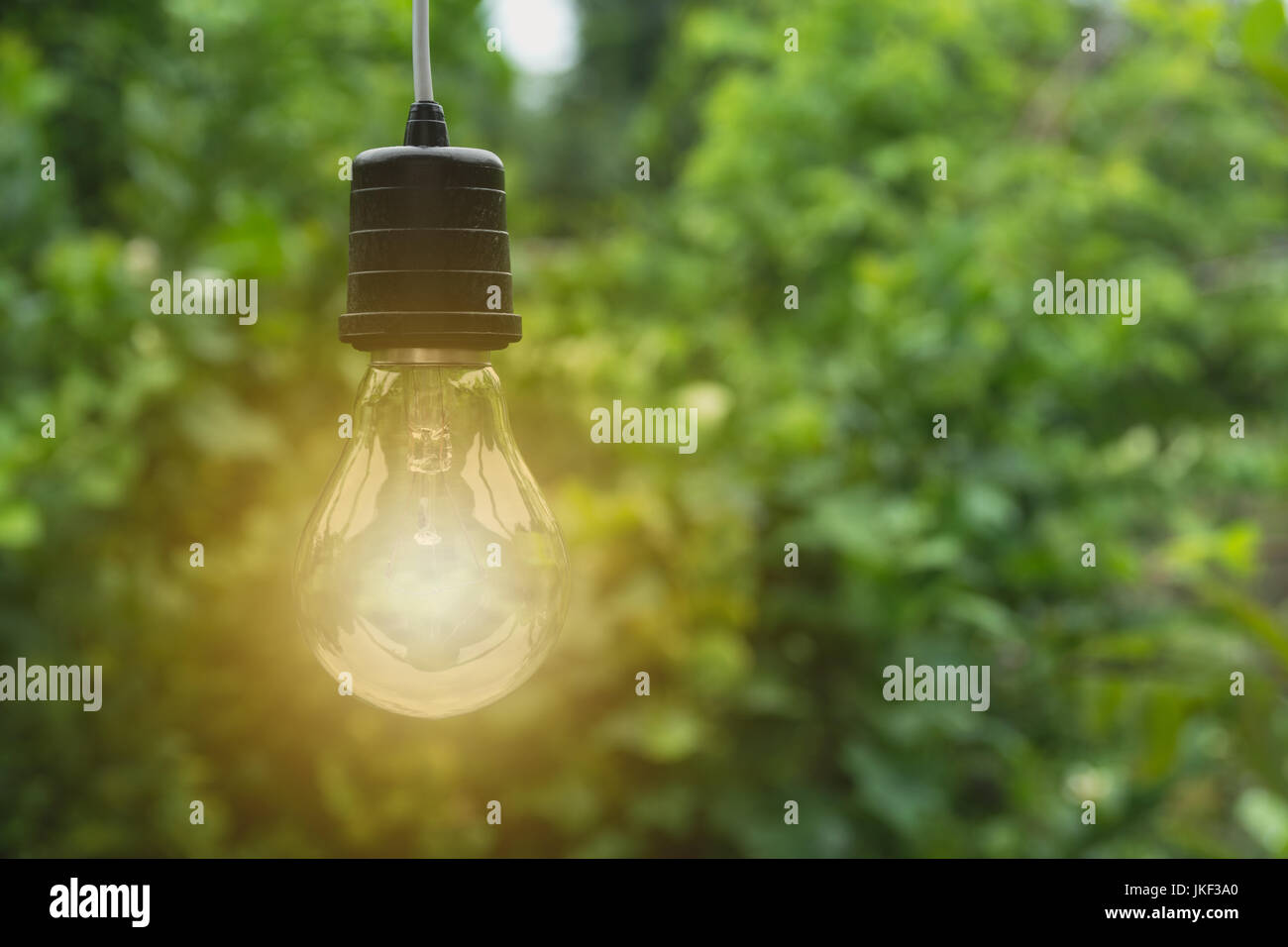 Hanging light bulbs with glowing one. Idea and creativity concept with ...
