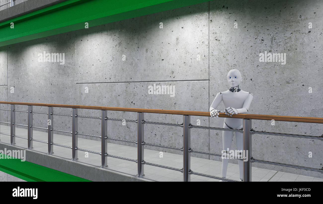 Robot standing in corridor, leaning on railing Stock Photo - Alamy