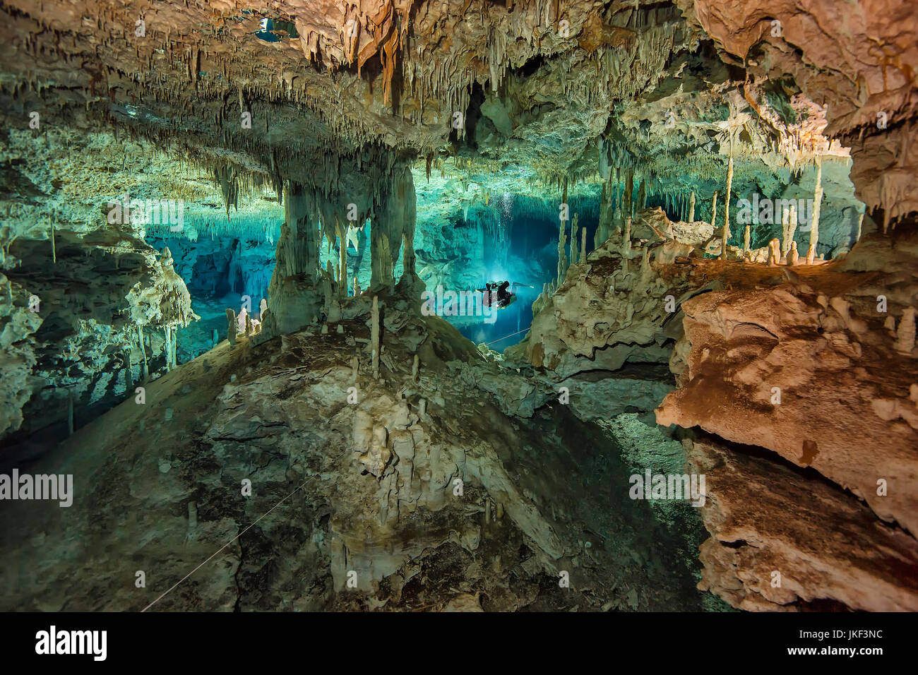 Mexico, Yucatan, cave diver exploring the cenote system Dos Pisos Stock ...