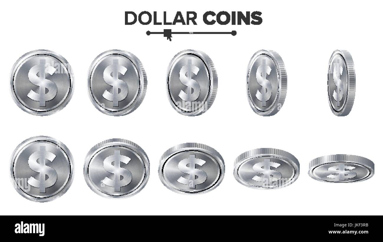 Money. Dollar 3D Silver Coins Vector Set. Realistic Illustration. Flip ...