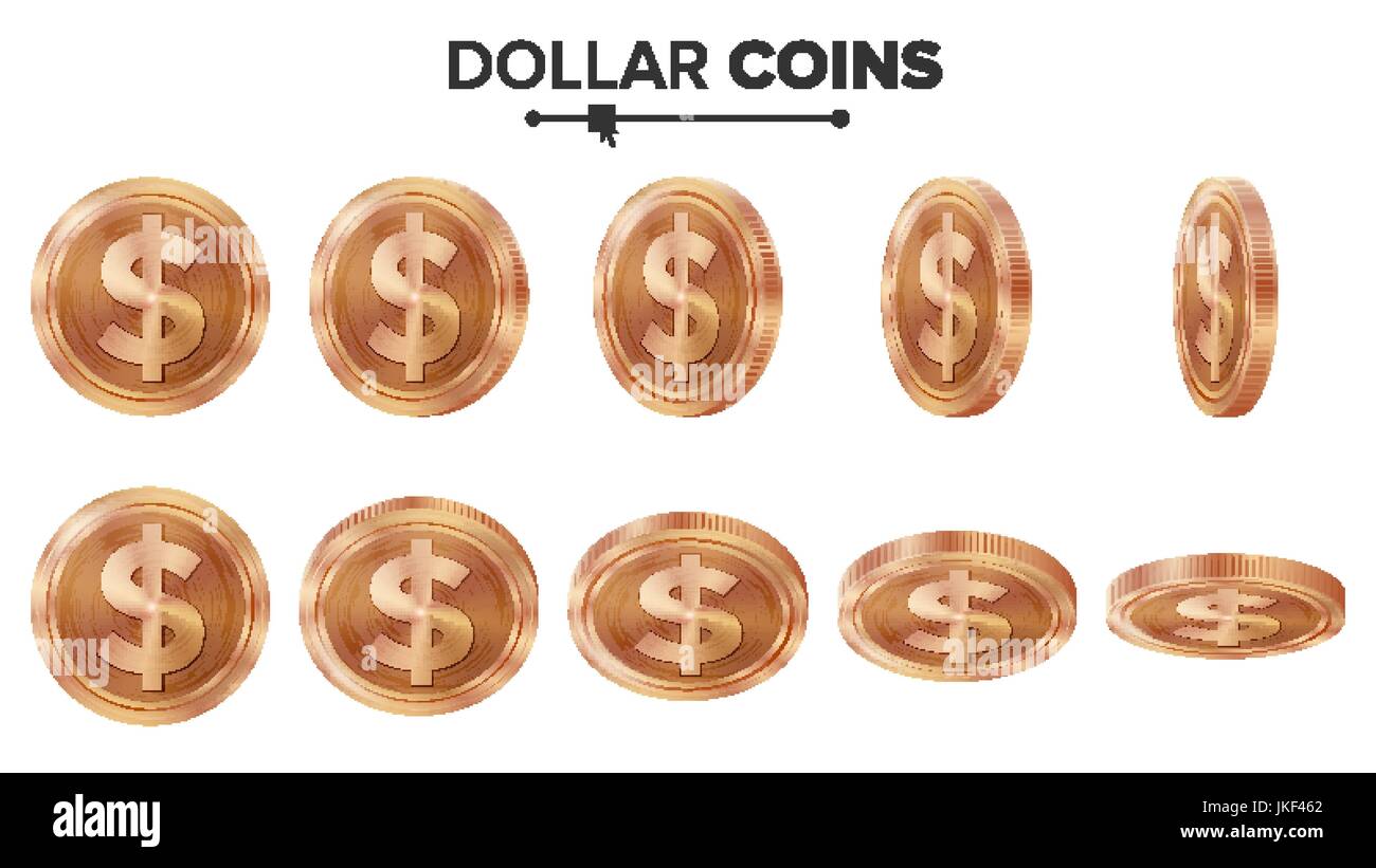 Money. Dollar 3D Copper Coins Vector Set. Realistic Illustration. Flip ...