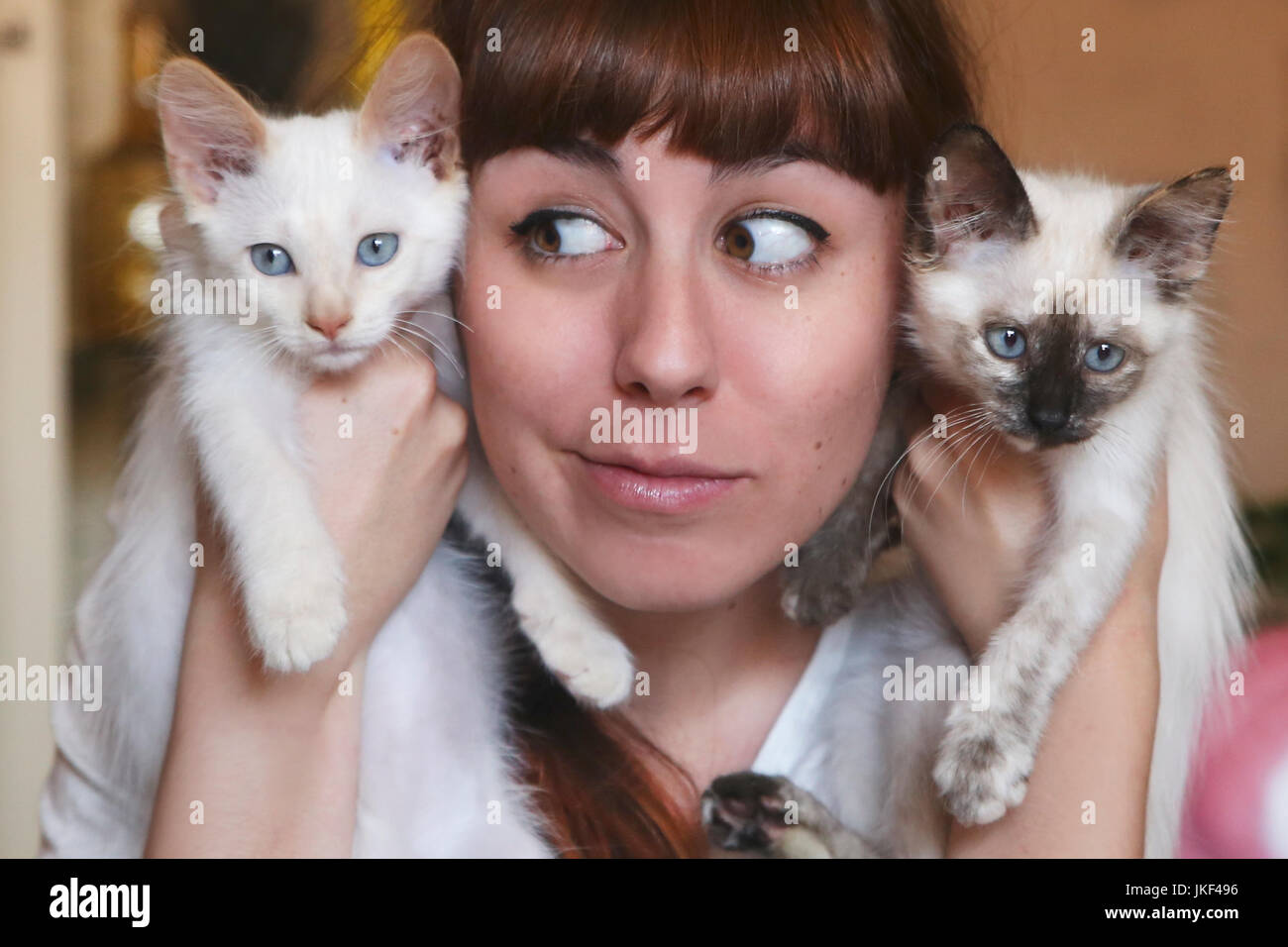 Funny portrait of young woman holding two kittens Stock Photo - Alamy Funny portrait of young woman holding two kittens Stock Photo - Alamy