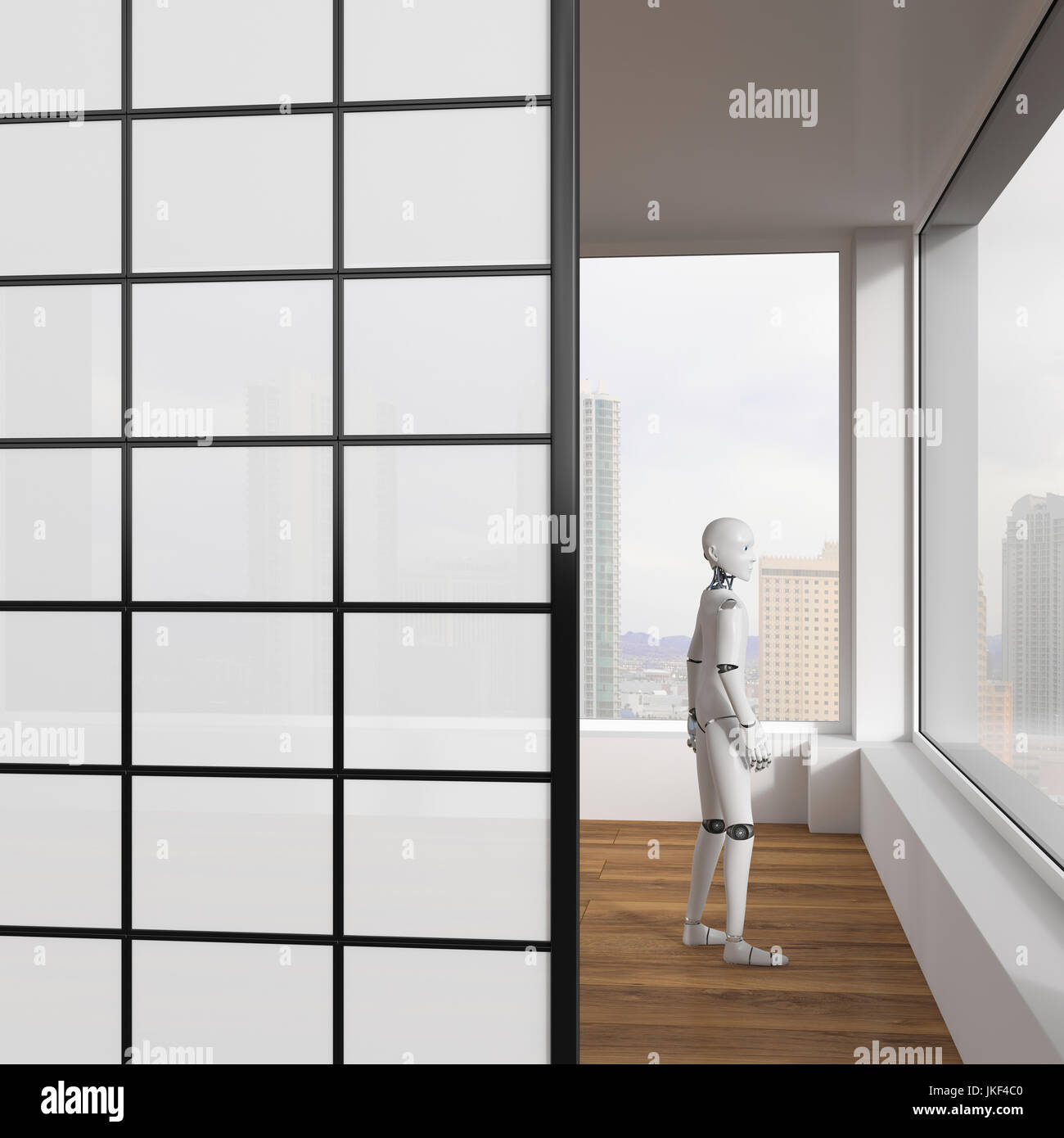 Robot looking out of window, 3d rendering Stock Photo - Alamy