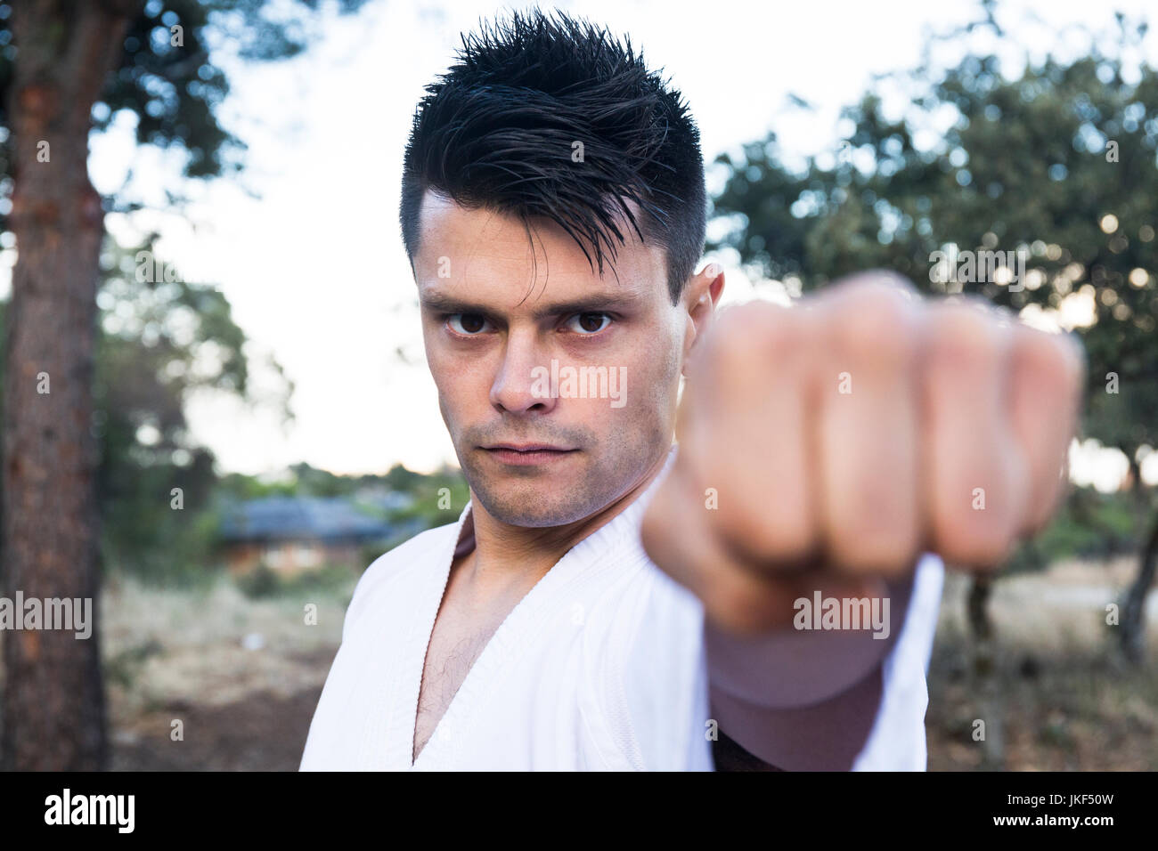 Challenging man showing his fist doing a martial arts pose Stock Photo ...