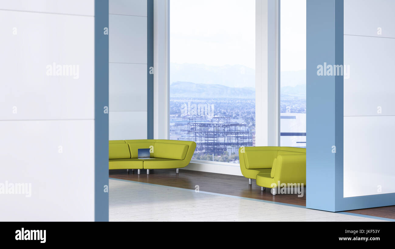 Modern waiting area with laptop on couch Stock Photo - Alamy