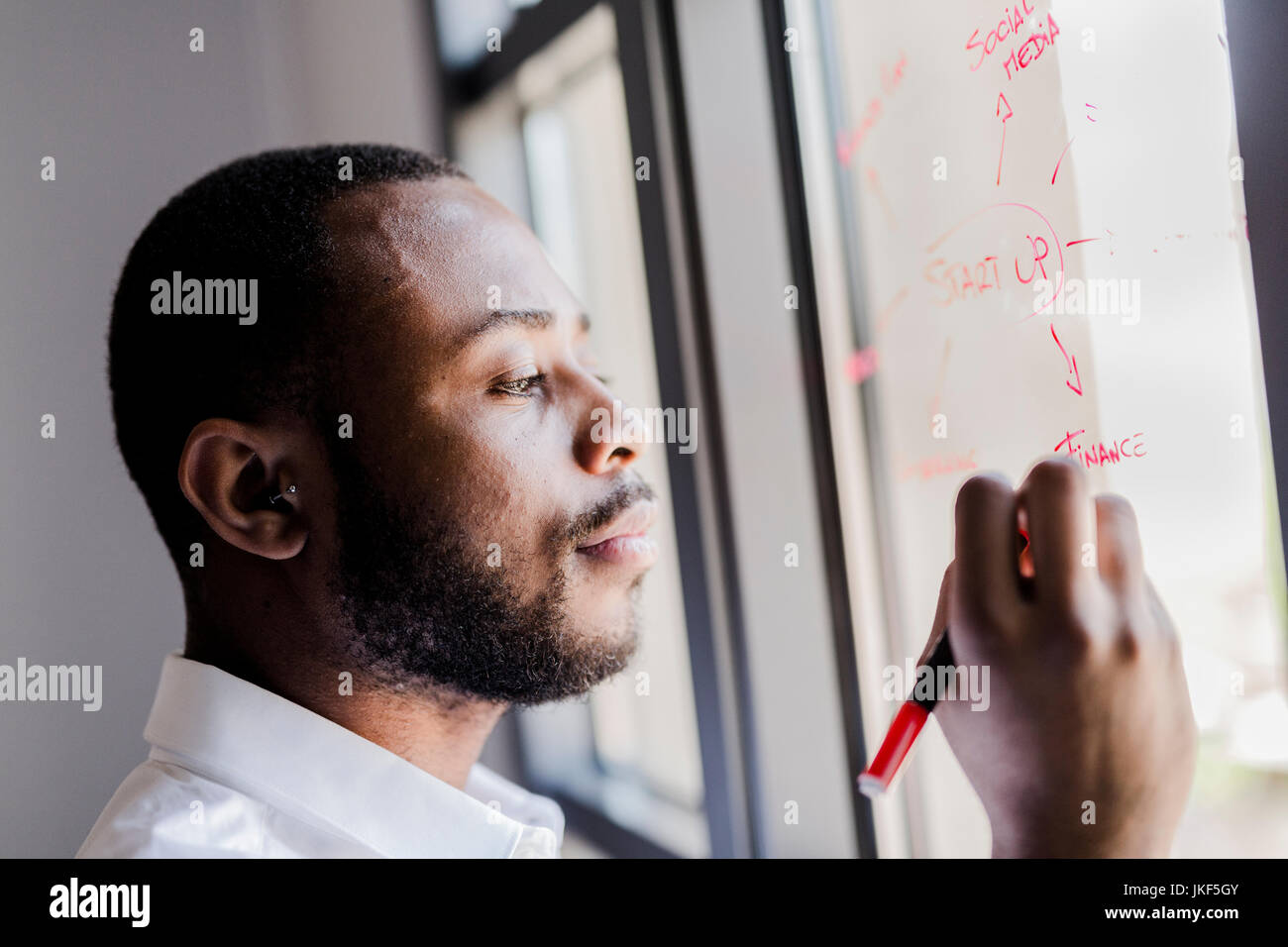 Businessman in office writing on windowpane Stock Photo - Alamy