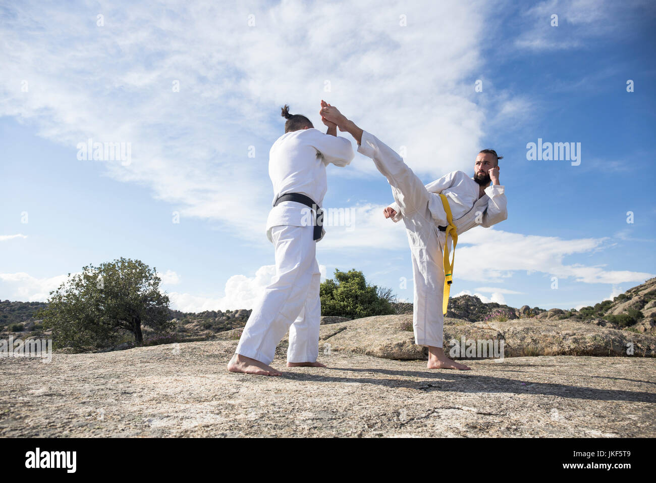 Man doing a high kick during a martial arts combat Stock Photo - Alamy