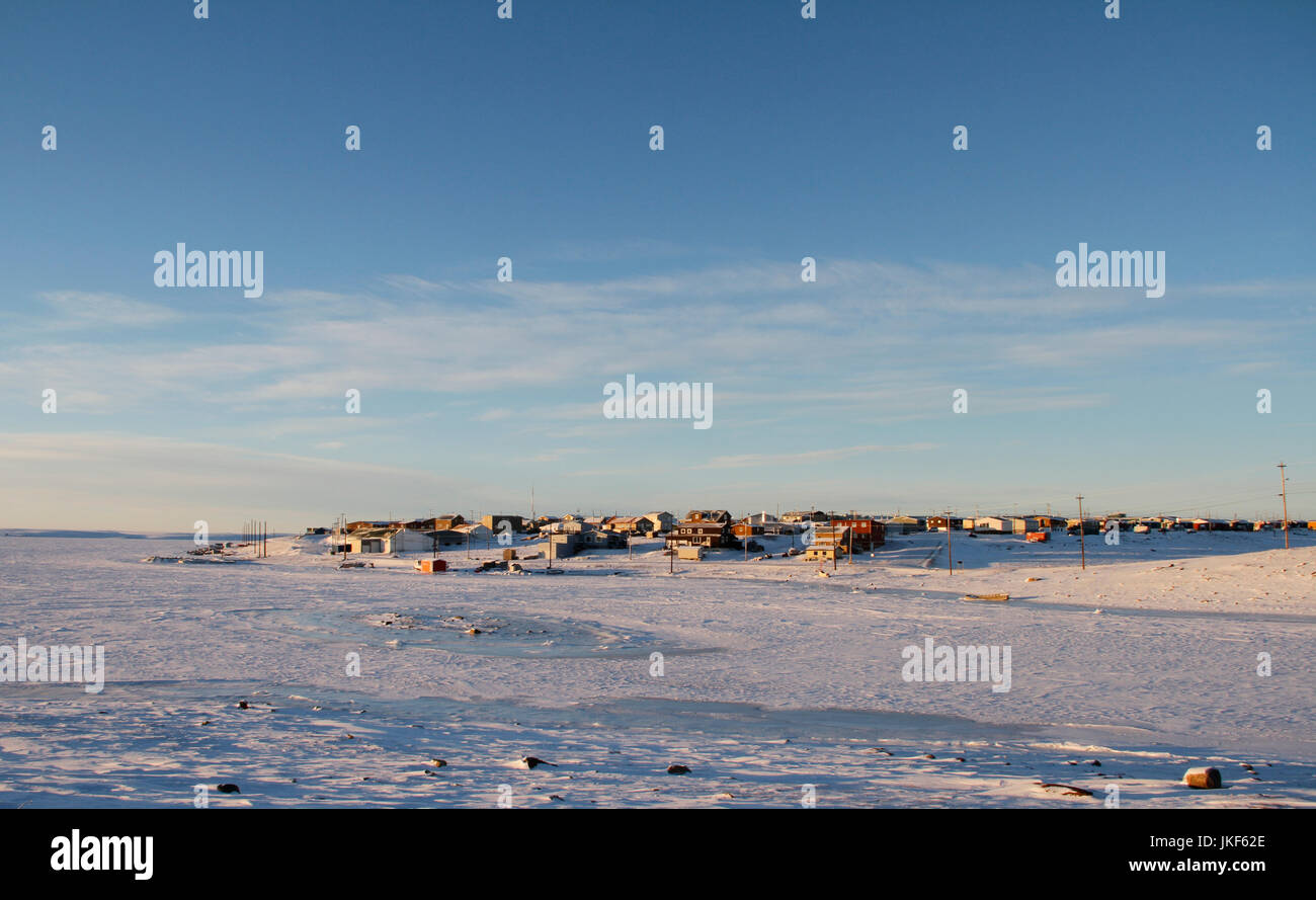 Arctic community of Cambridge Bay in the fall with snow on the ground ...