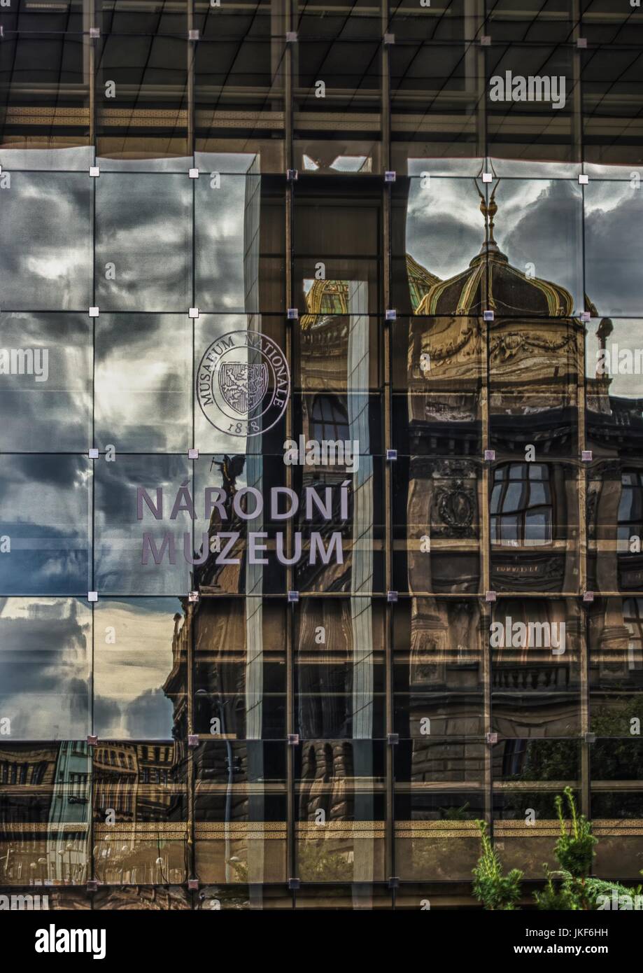 Praha National Museum in the Czech Republic with reflections in summer ...