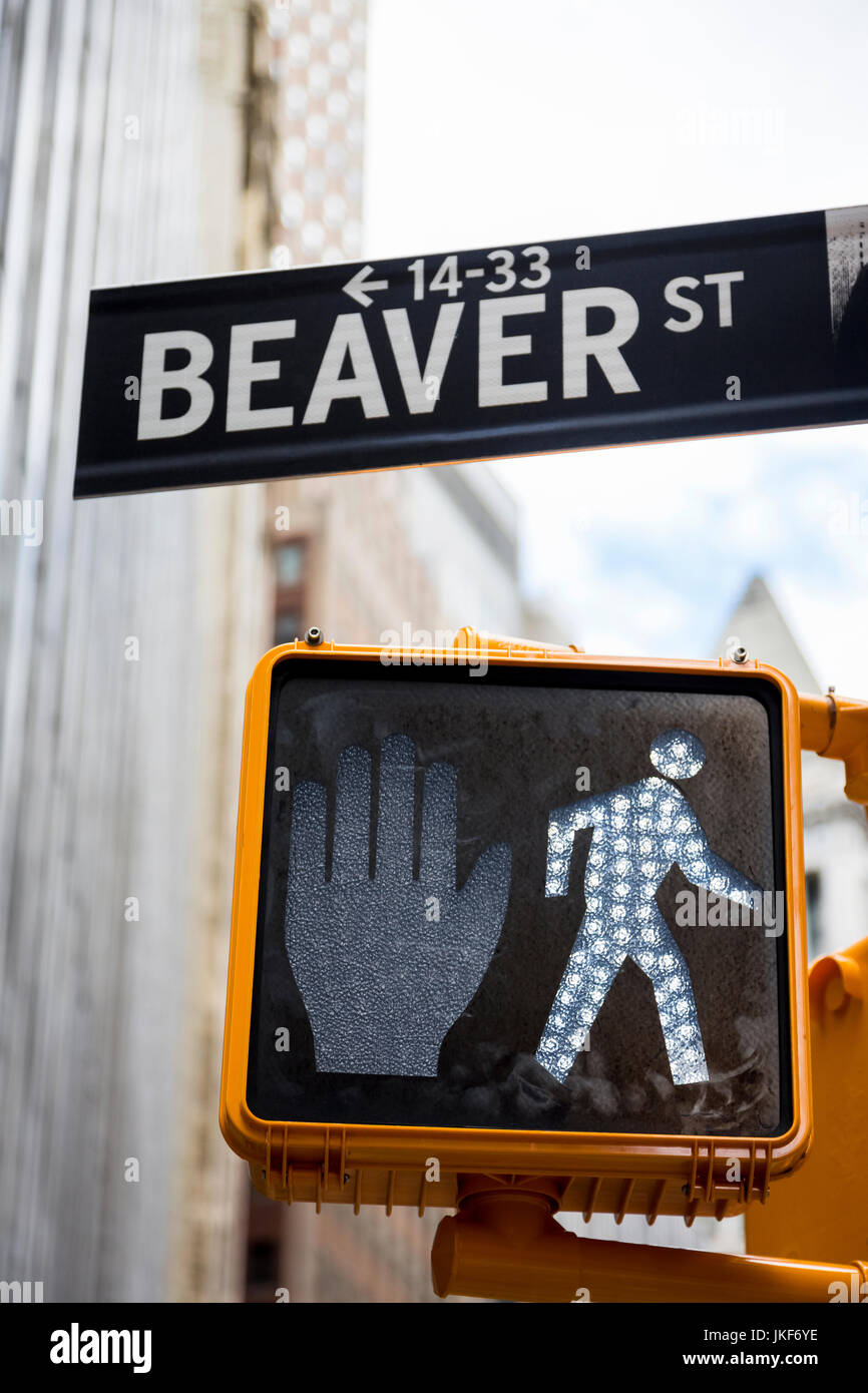 USA, New York, Manhattan, Beaver street sign and pedestrian light Stock ...