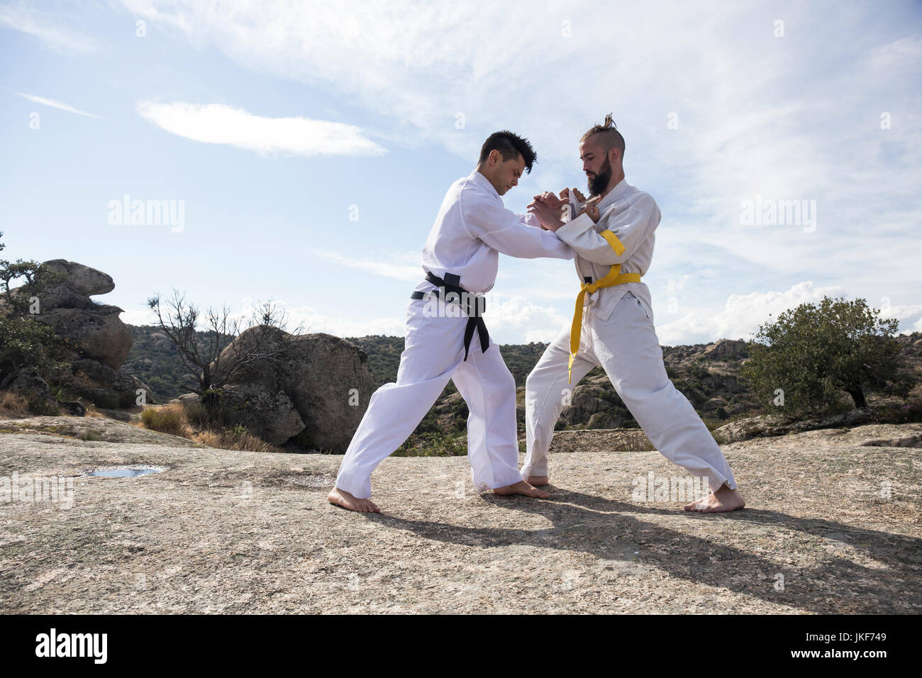 Men doing combat exercises during a martial arts training Stock Photo ...