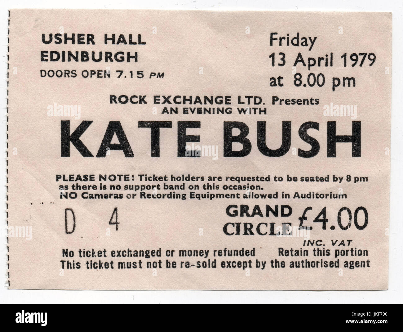 Ticket stub for a Kate Bush concert at the Usher Hall in Edinburgh ...