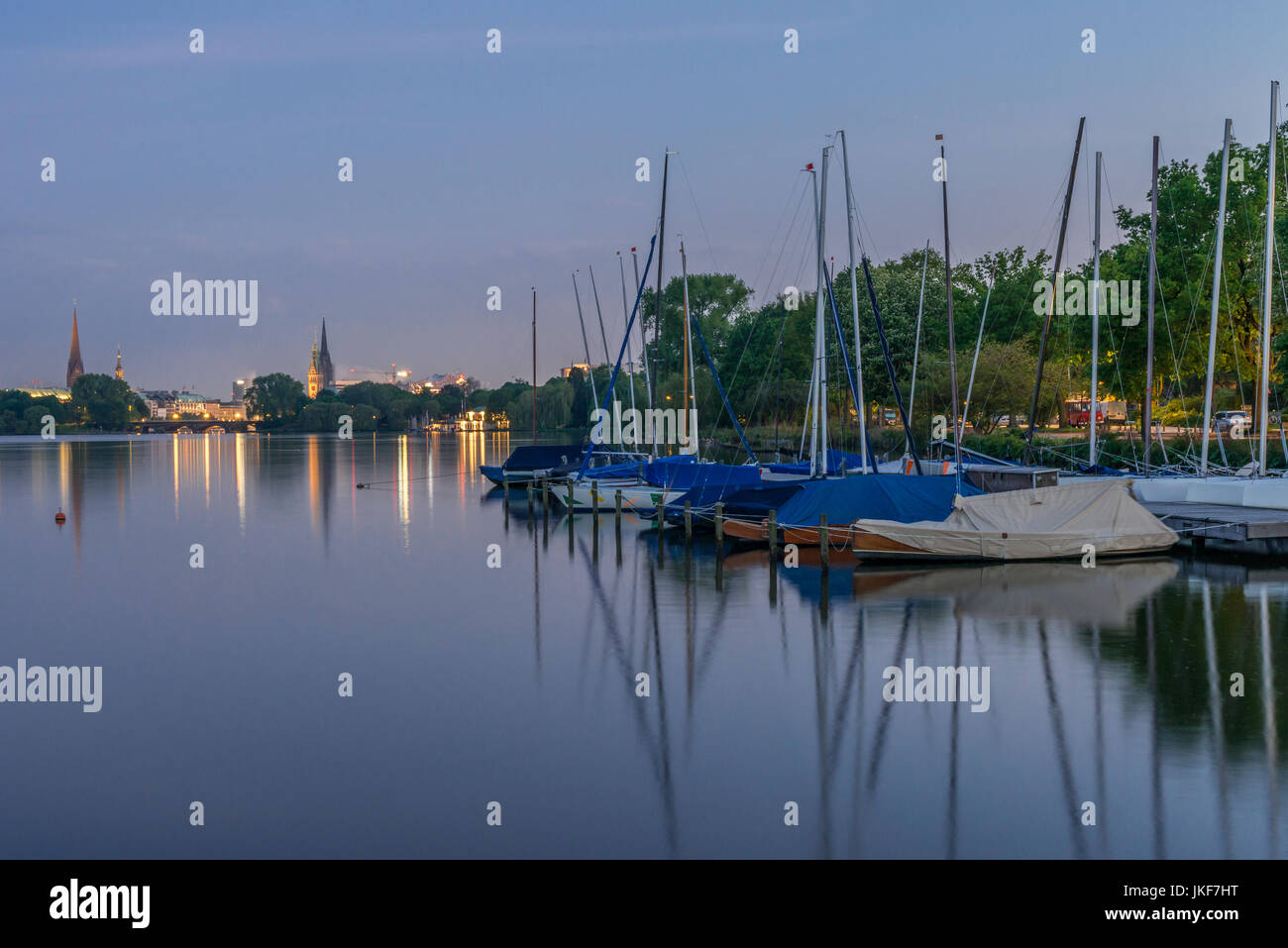 Germany, Hamburg, Outer Alster Lake, ferry dock Rabenstrasse with view ...