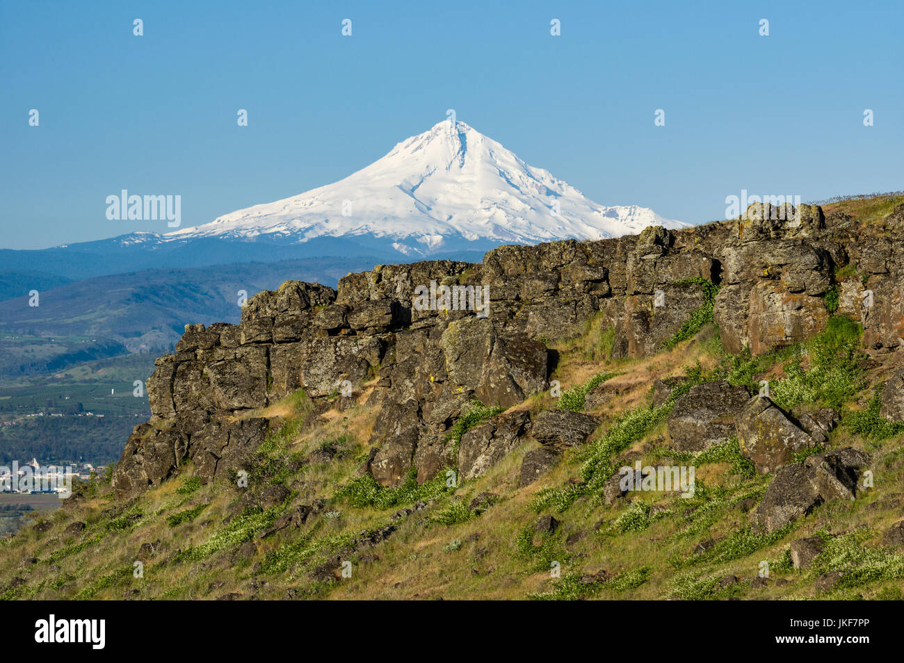 Volcanic cliffs of the Columbia Gorge with Mt Hood Stock Photo - Alamy