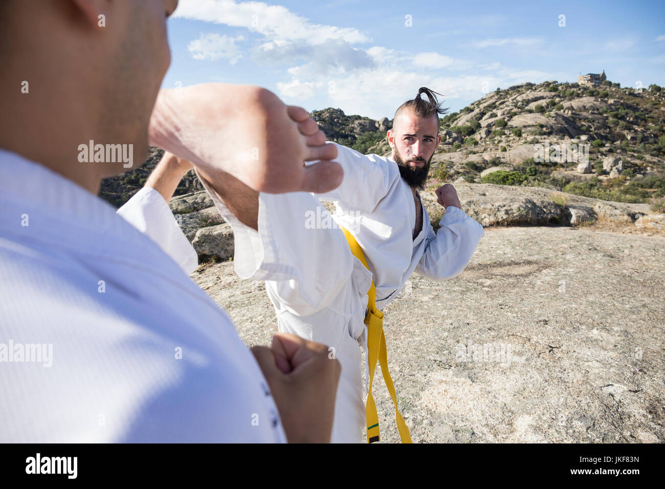 Man doing a high kick during a martial arts combat Stock Photo - Alamy