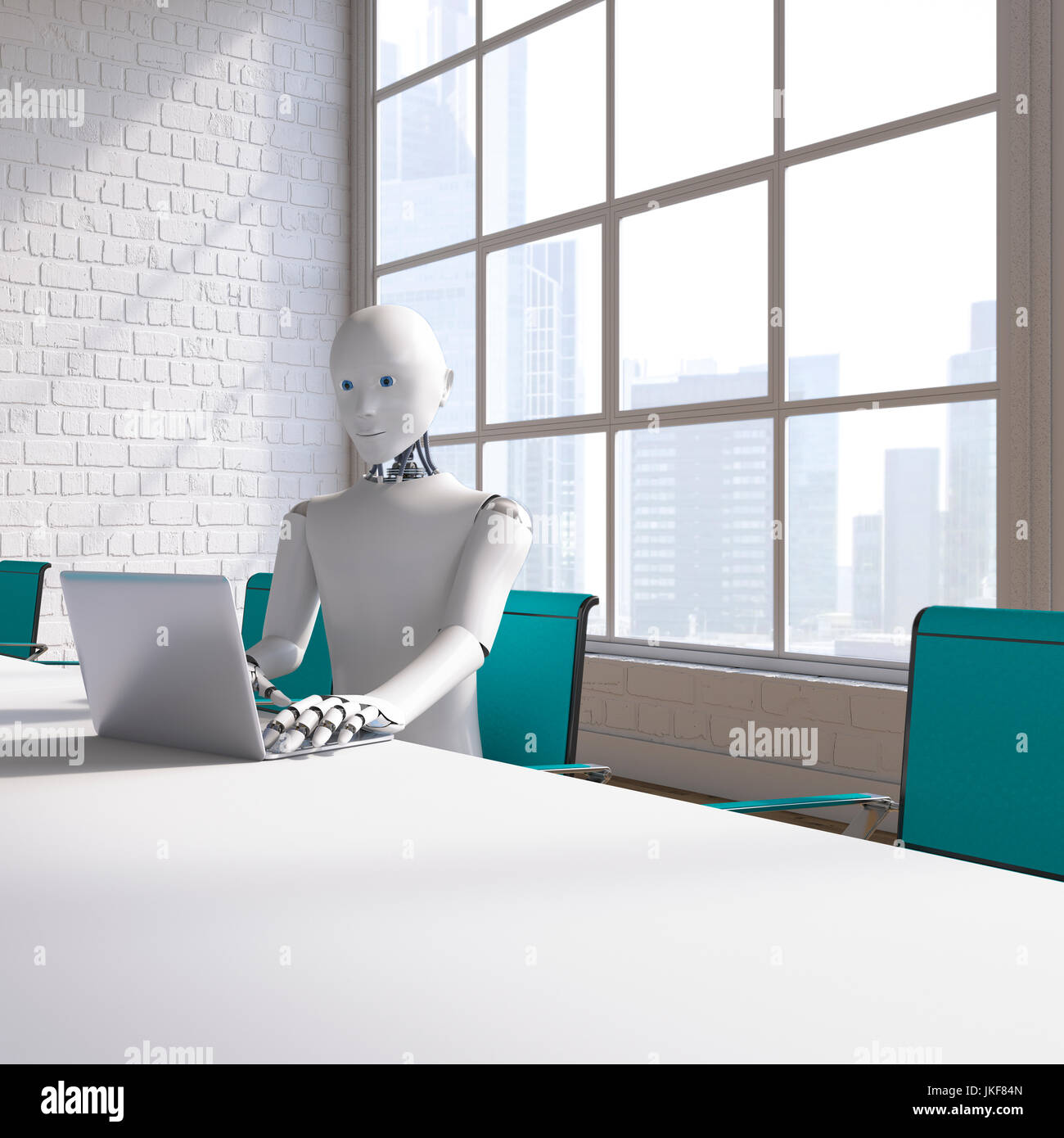 Robot sitting sitting at conference table, using laptop Stock Photo - Alamy