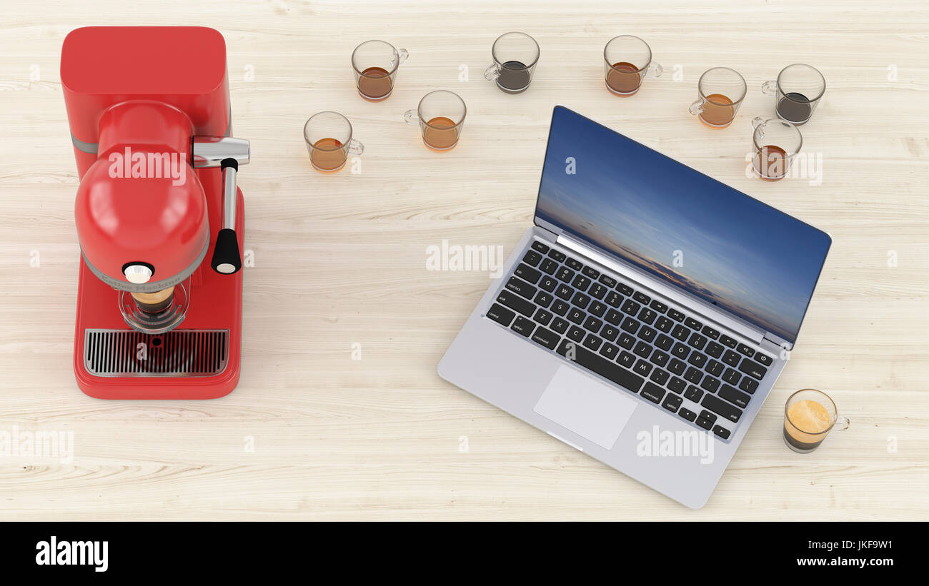 3D Rendering, Laptop on desk with lots of empty coffee cups and ...