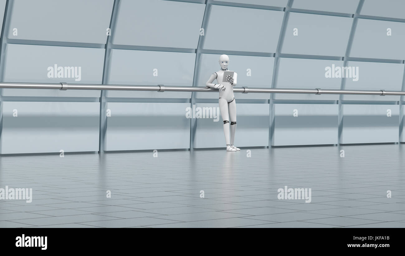 Robot standing in hall, using digital tablet Stock Photo - Alamy