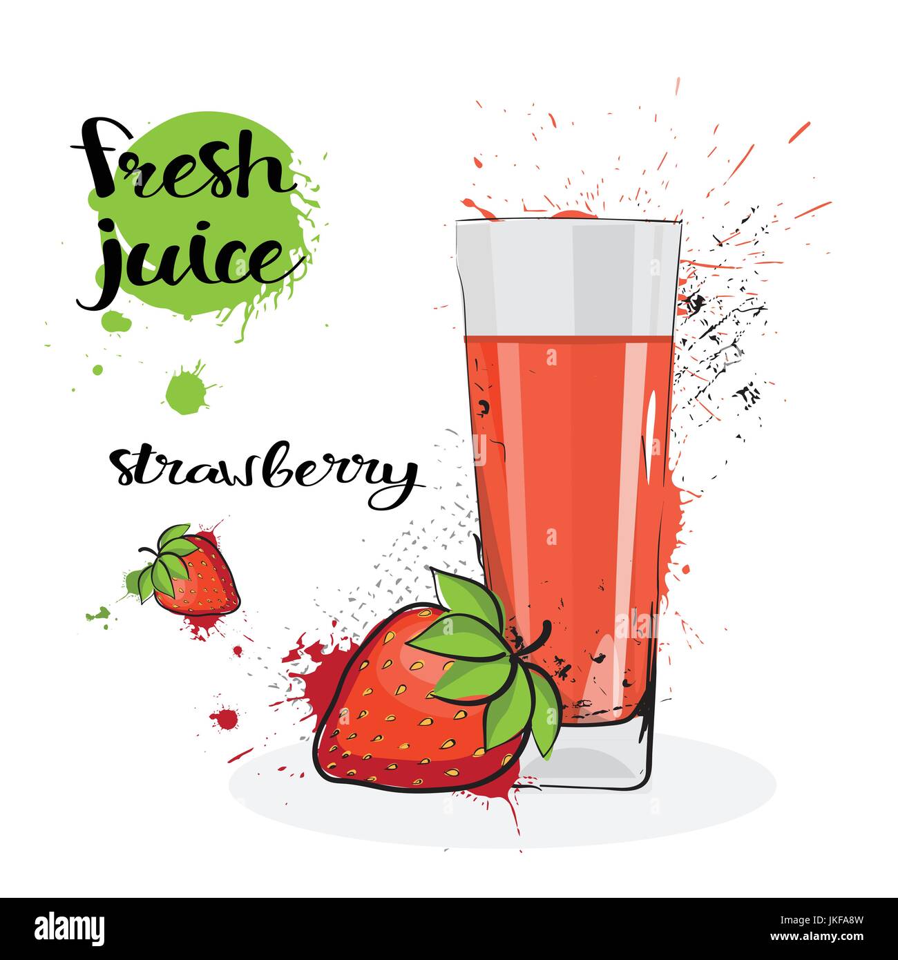 Strawberry Juice Fresh Hand Drawn Watercolor Fruit And Glass On White ...