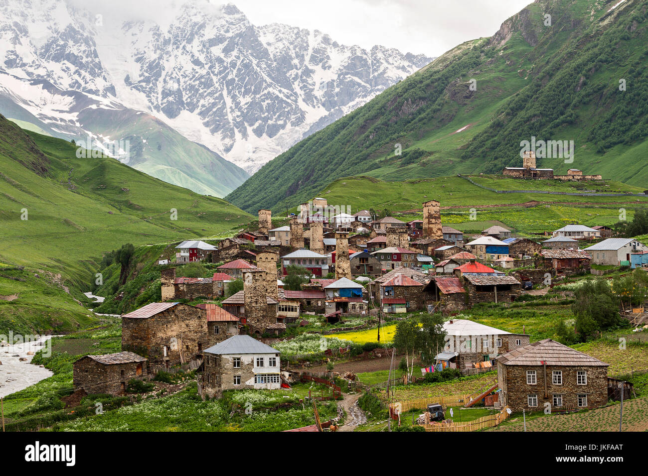 Medieval towers and houses of the village Ushguli, in the Caucasus ...