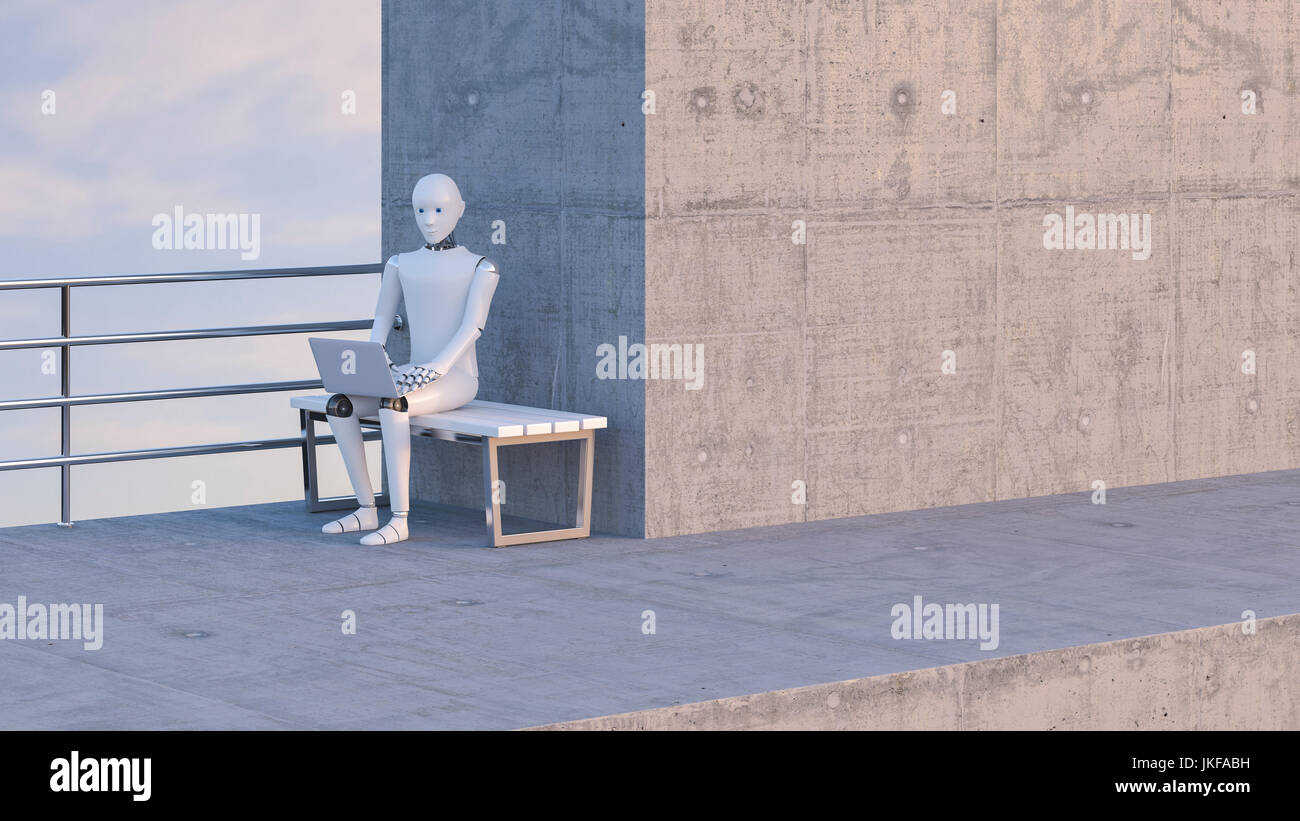 Robot sitting on bench, using laptop Stock Photo - Alamy