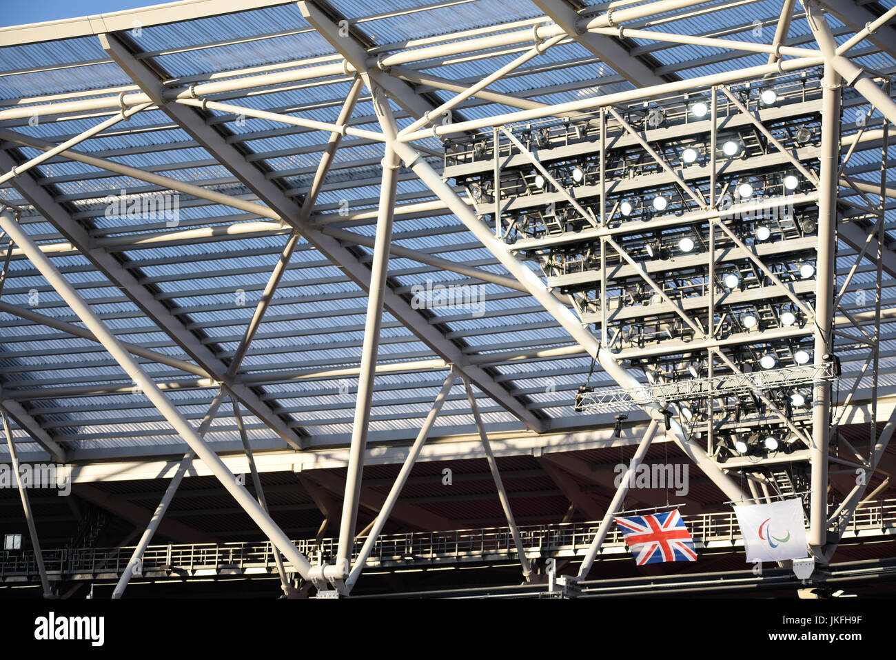 Lighting gantry on the roof structure of the London Stadium, London, UK ...