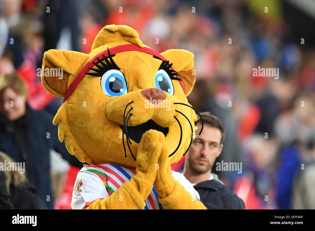 The tournament's mascot "Kicky" reacts during the women's European ...