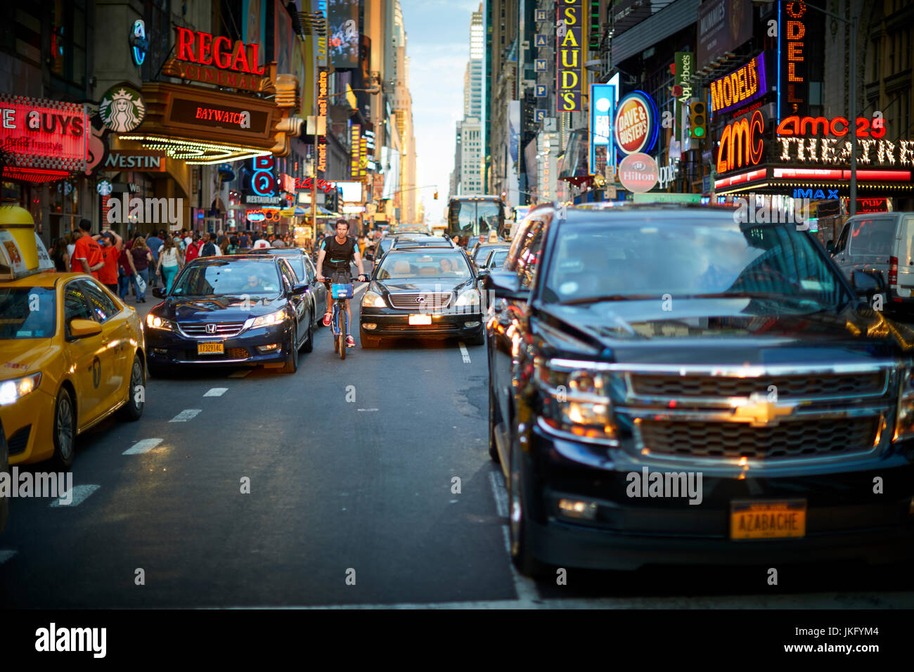 New York City, Manhattan, United States, busy cars and cyclist in the ...